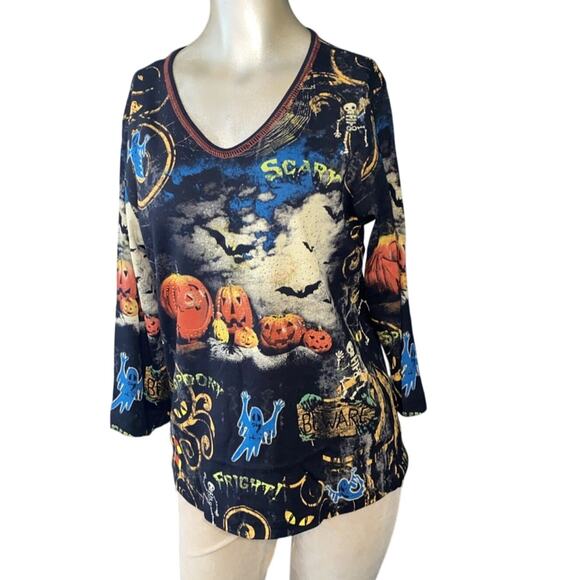 Cactus Bay | Tops | Halloween Shirt Pumpkins Ghost And Skeletons Large ...